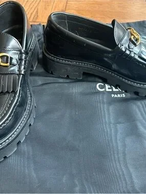Celine | Shoes | Celine Black Leather Fringe Loafers With Gold Chain ...